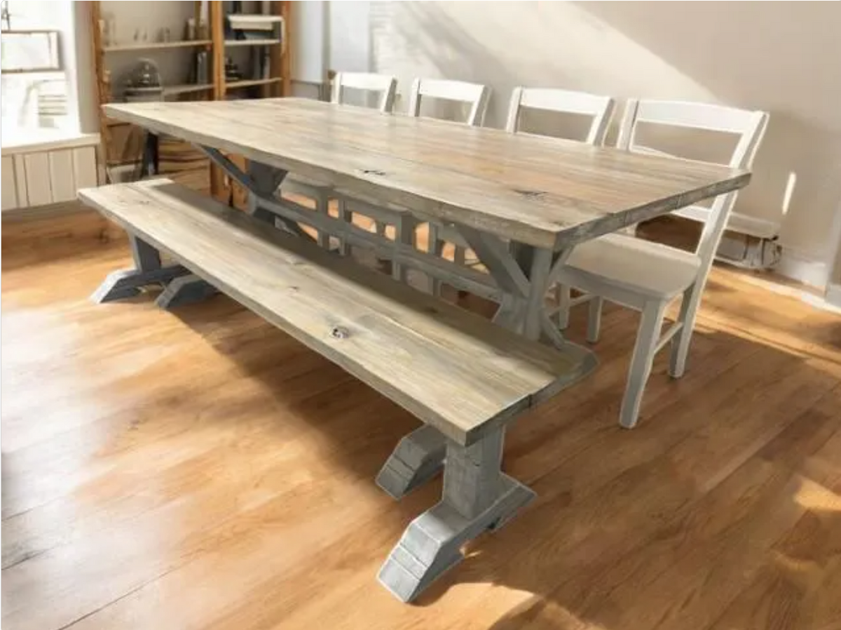 7-Foot Dining Table Set - Farmhouse Trestle Style Base - Bench and Cha ...