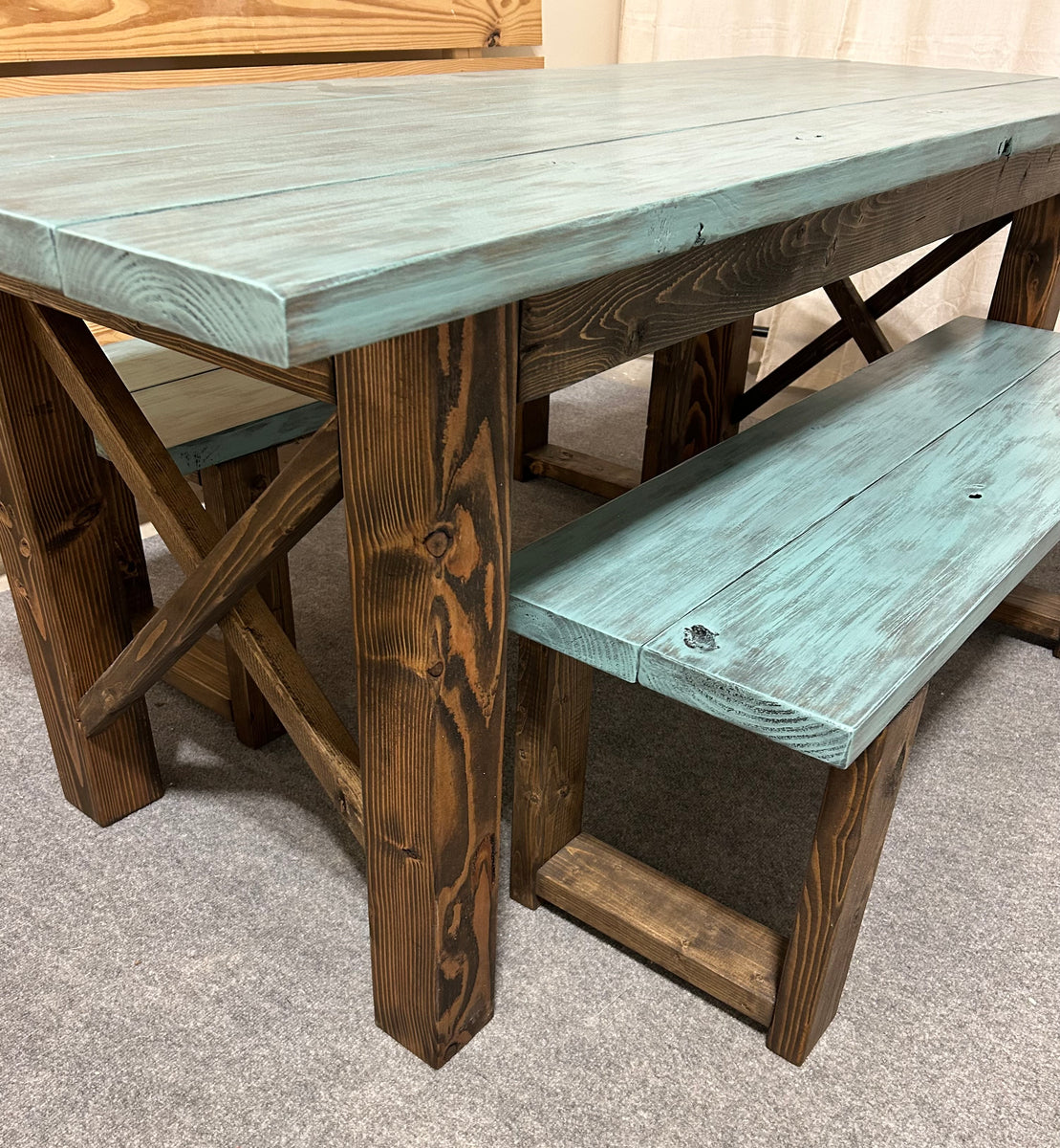 Narrow Farmhouse Dining Table - With Benches - Teal, Dark Walnut - Bea ...