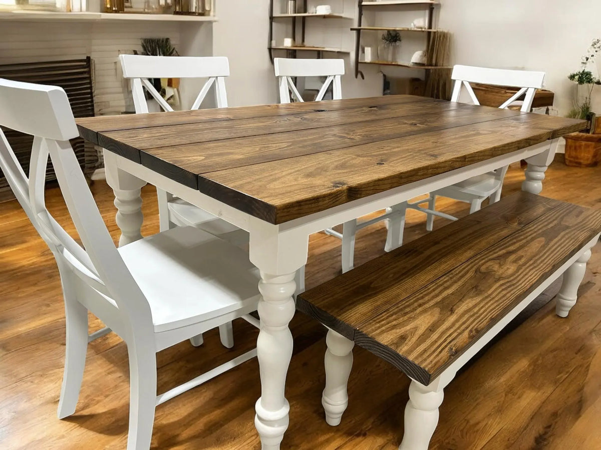 5ft Farmhouse Dining Table with Chairs and Bench (White, Early American ...