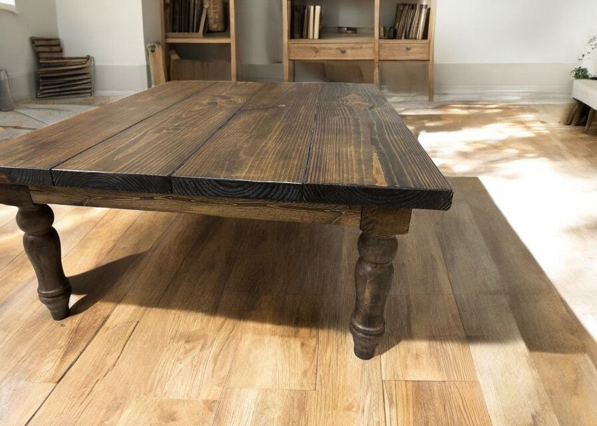 Large Square Farmhouse Coffee Table: Dark Walnut Turned Legs – Curbside ...