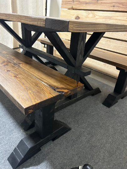 Modern Farmhouse Trestle Style Table Set - With Benches - Black Base w ...