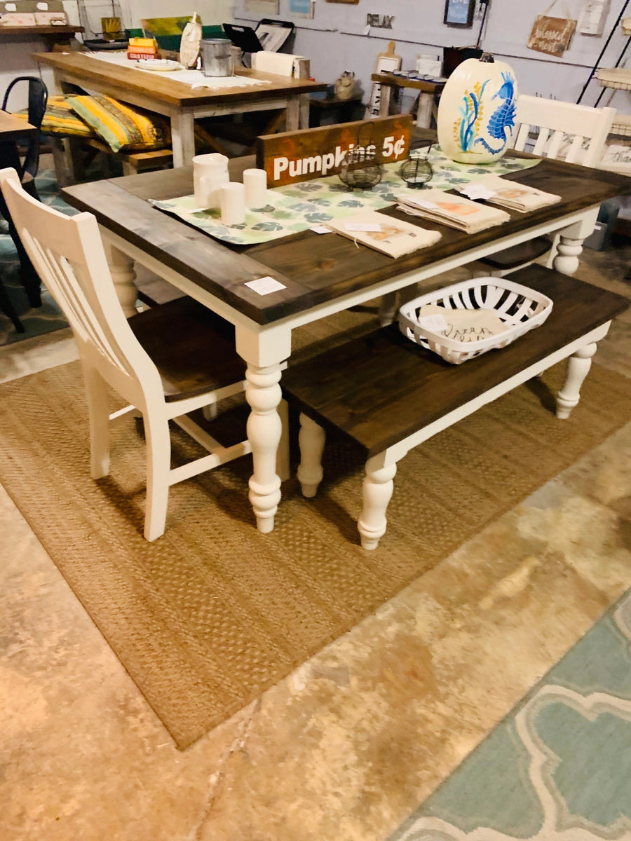 5-Foot Dining Table and Benches - Turned Table Legs - Antique White, D ...