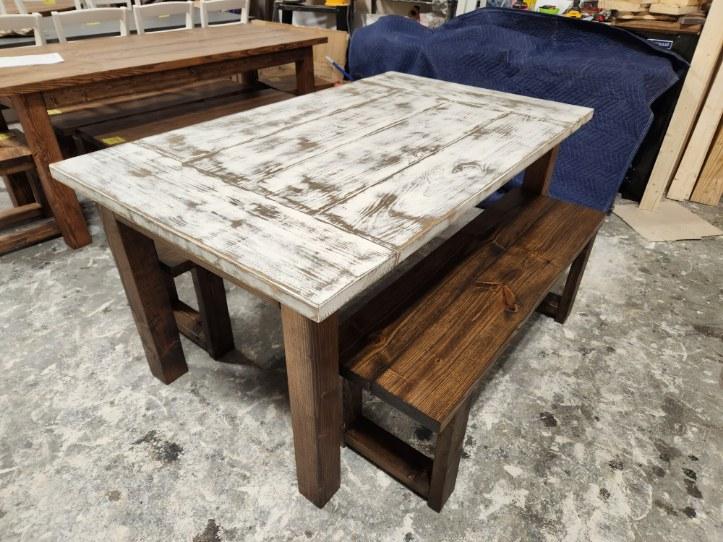 5ft Farmhouse Table with Benches (Weathered White, Dark Walnut ...